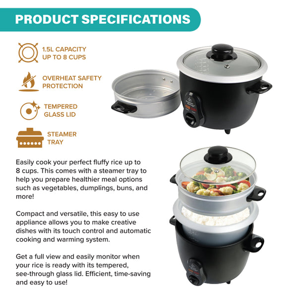 American Heritage 1.5L Rice Cooker Glass Cover With Steamer AHRCS-6211 ...